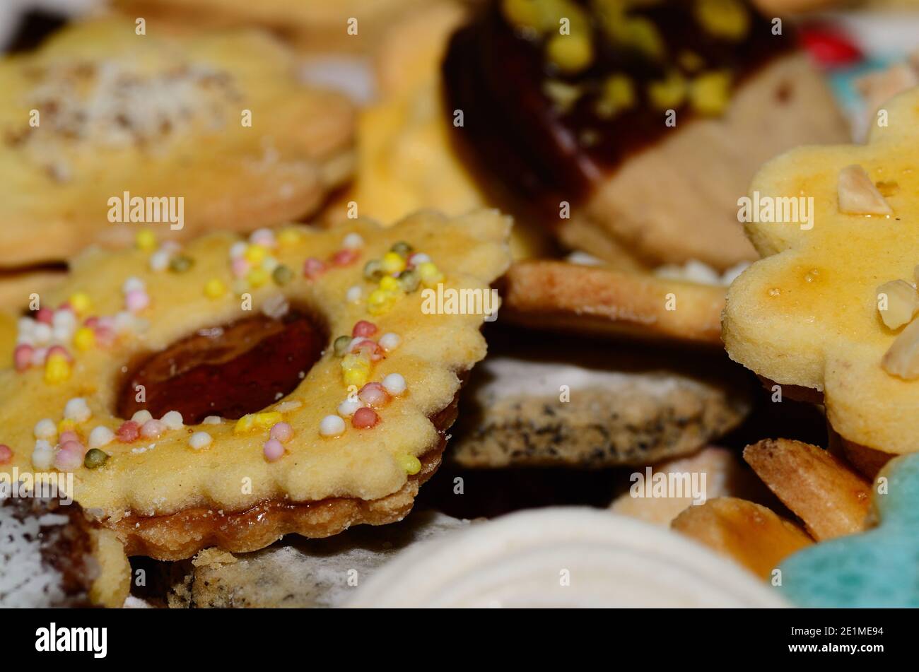 colorful different christmas cookies with jam and sugar Stock Photo - Alamy