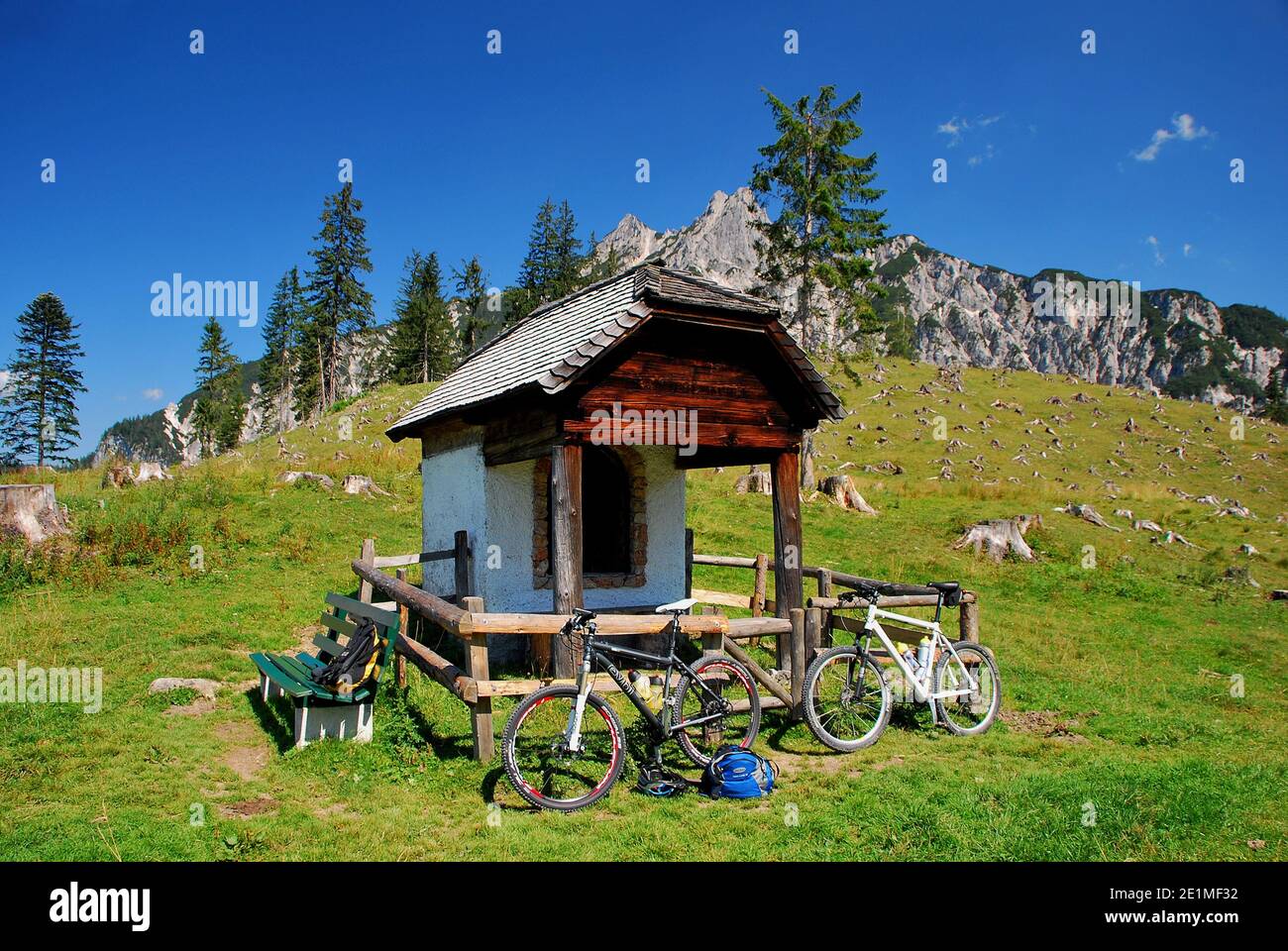 beautiful mountains landscape with cottage and two mountain bike Stock ...
