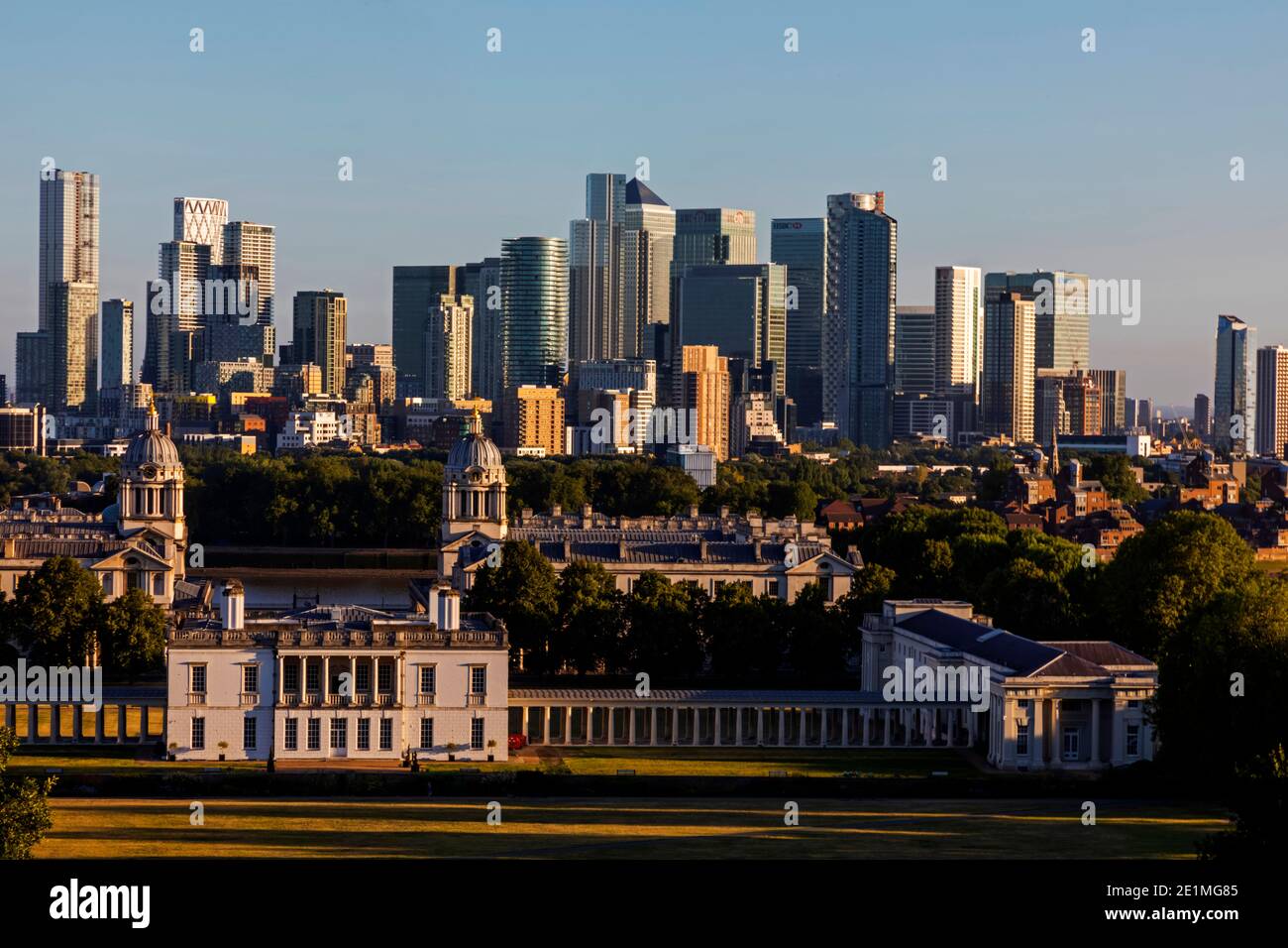 England, London, Greenwich, View of The Queens House and Docklands ...