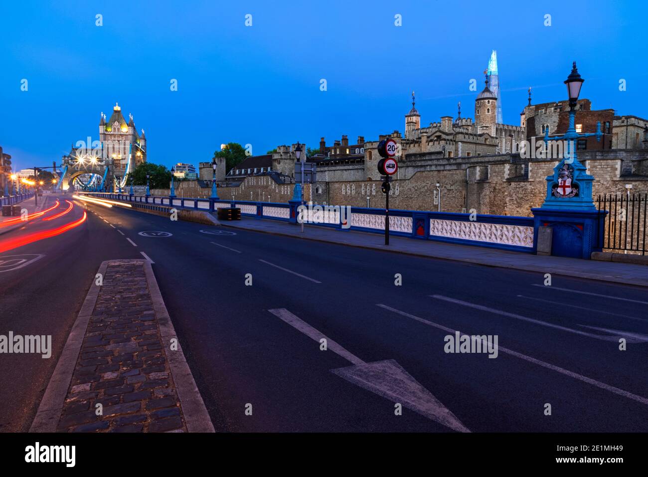 England, London, Tower of London and Tower Bridge with Empty Road at ...