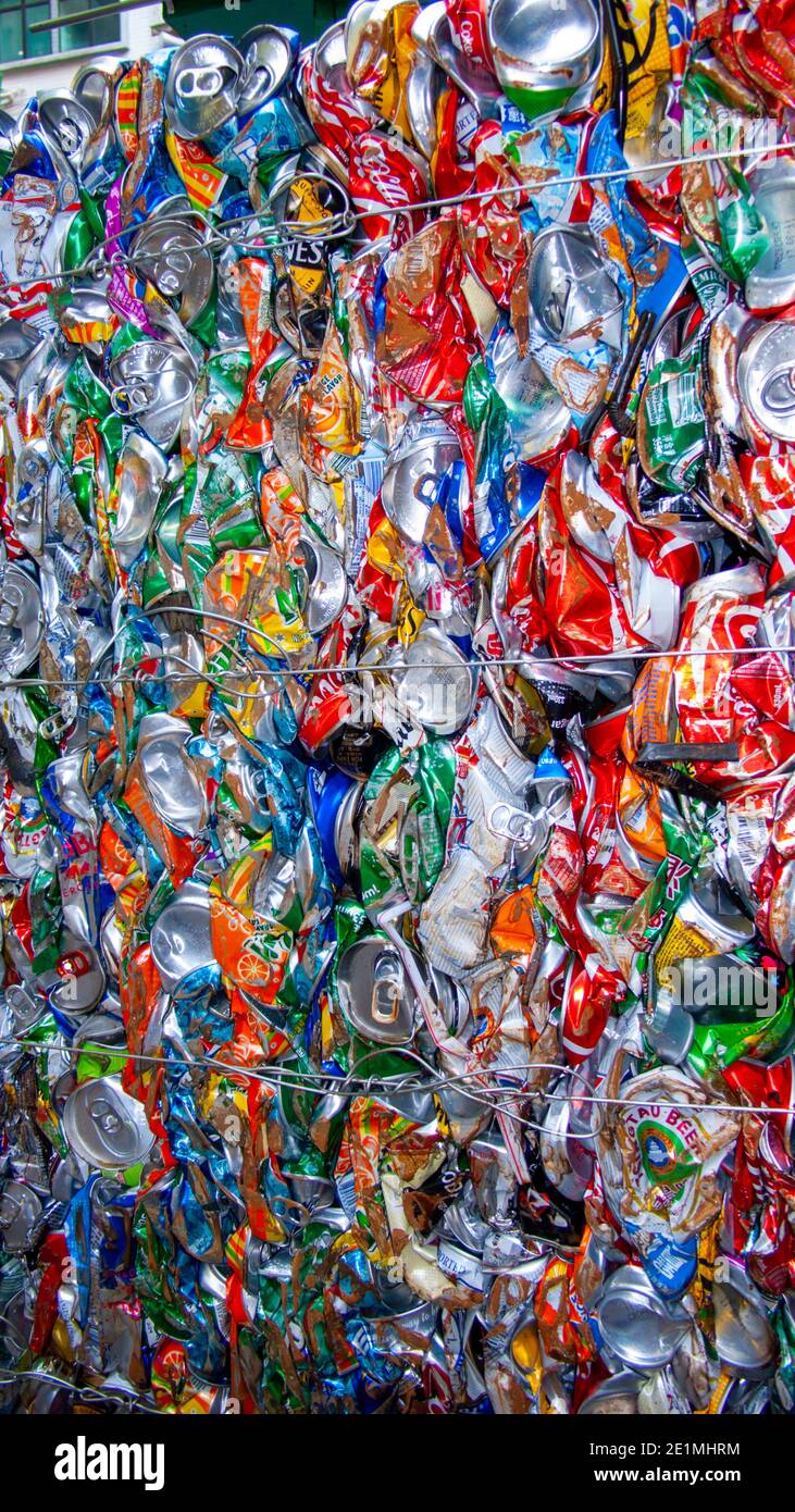 Soft drink metal cans crushed packaged for recycling Stock Photo - Alamy