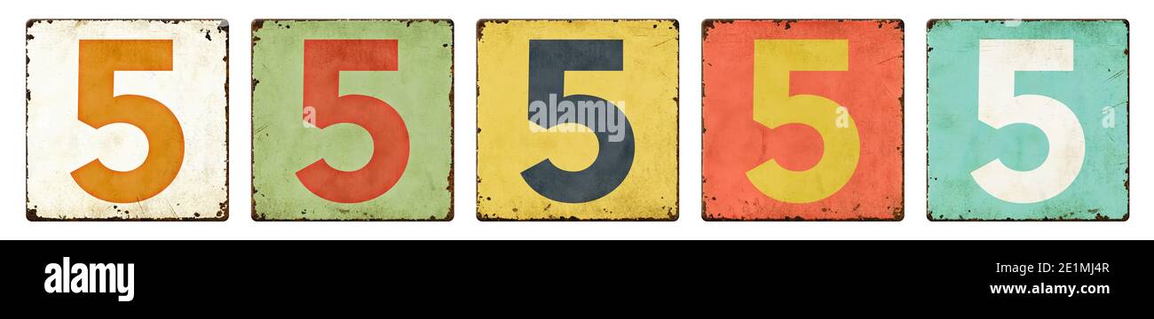 Five vintage tin signs on a white background - Number 5 Stock Photo - Alamy