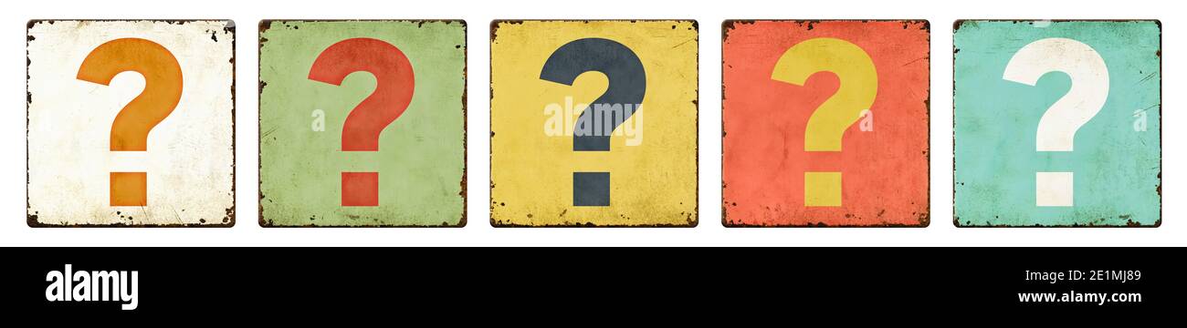 Five vintage tin signs on a white background - Question mark Stock ...