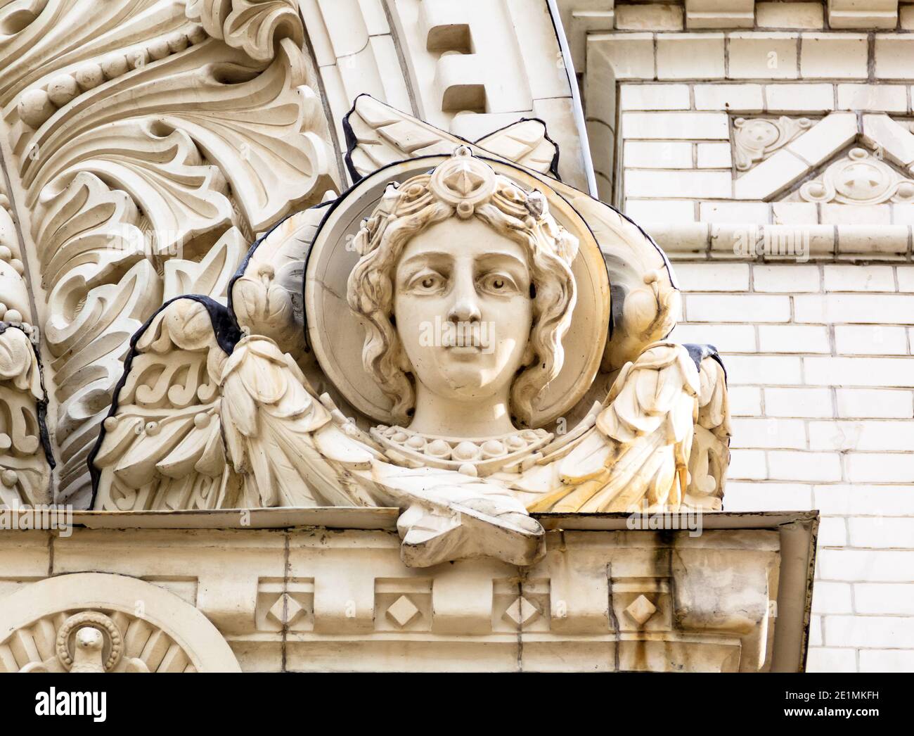 Angel face. Decorative stone detail on the facade of the Navy Cathedral ...