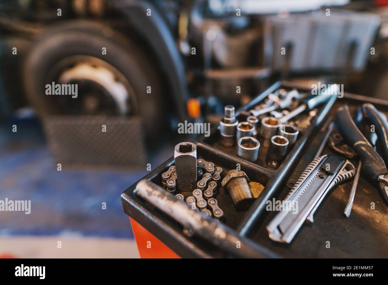 Close up of tools used in car workshop. Repairing and manufacturing ...