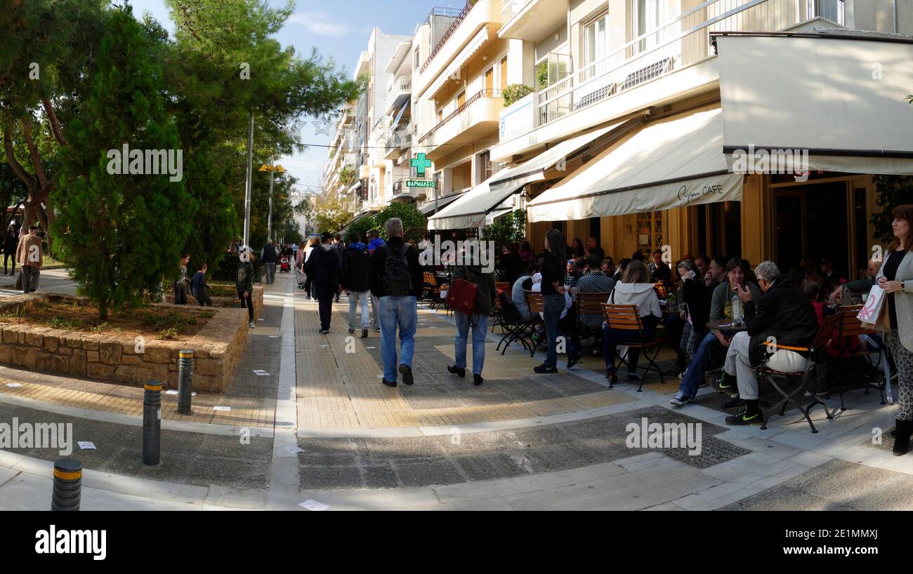 Greece Athens restaurant coffee shop crowded shopping street scene ...