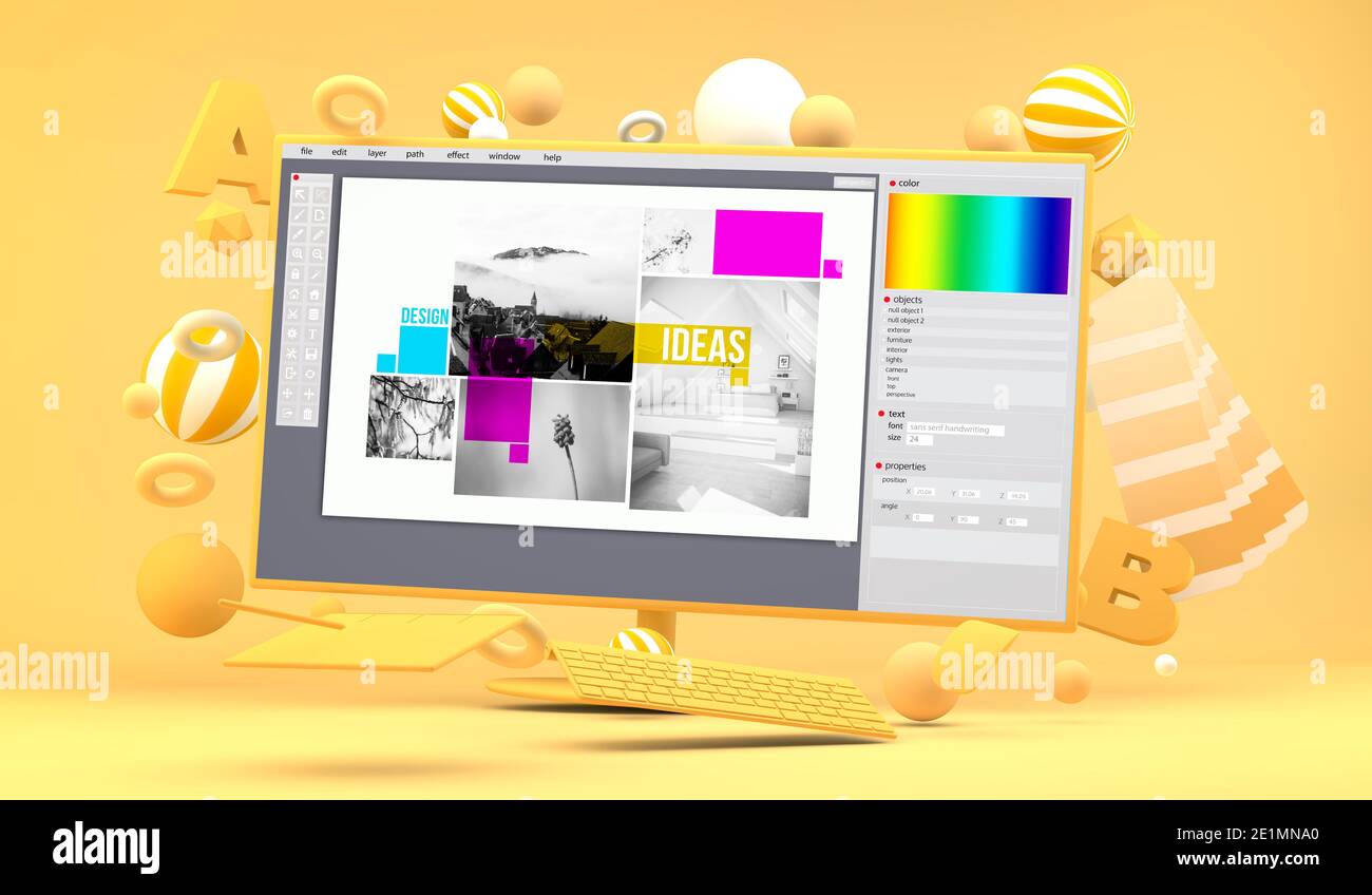 Computer screen mock up surrounded by graphic design elements 3d ...