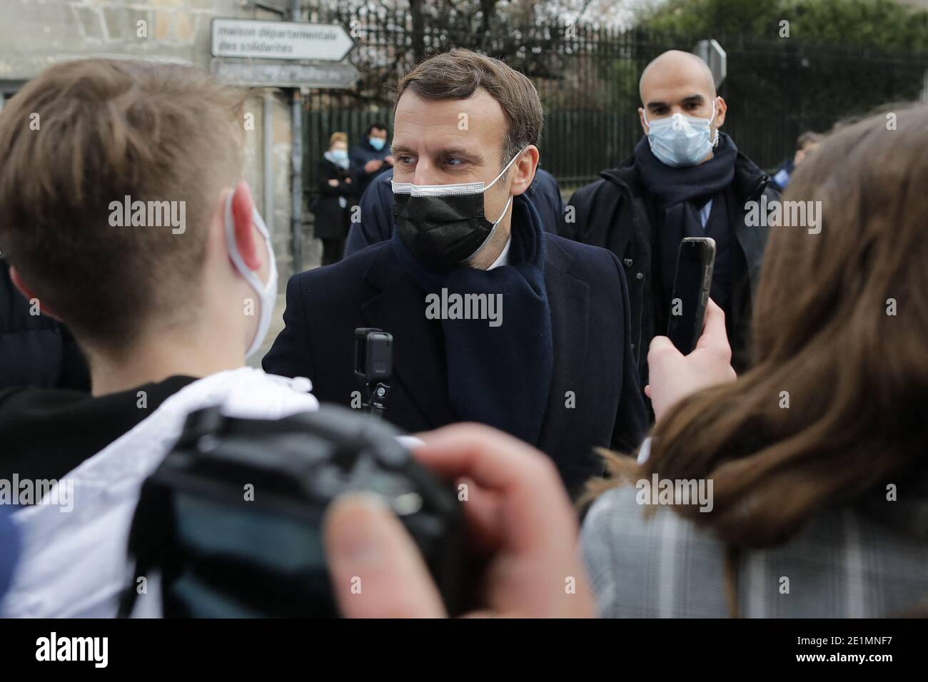 Jarnac, France. 8th Jan 2021. French President Emmanuel Macron arrives ...