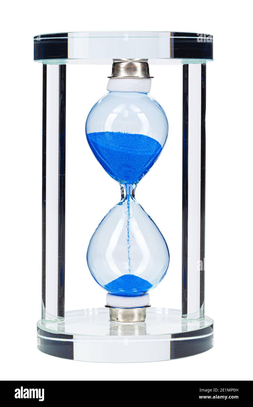 Blue hourglass isolated on white background close up Stock Photo - Alamy