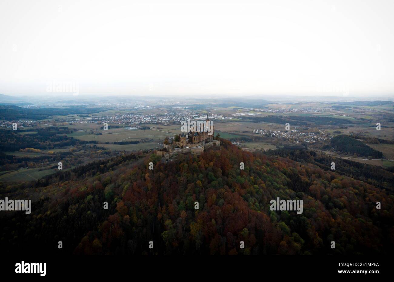Aerial panorama of medieval gothic mountain hilltop castle Burg ...