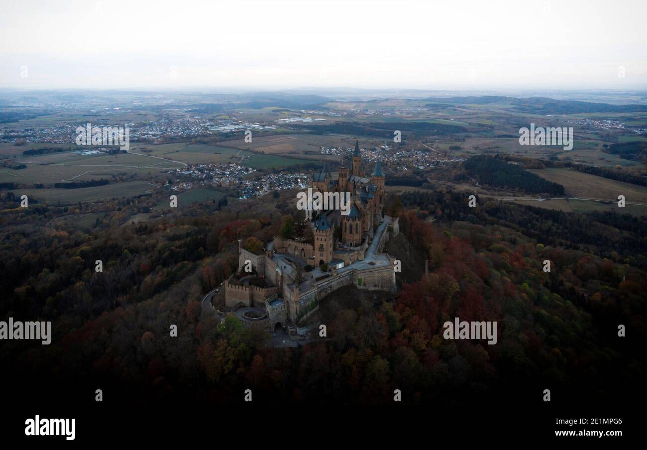 Aerial panorama of medieval gothic mountain hilltop castle Burg ...