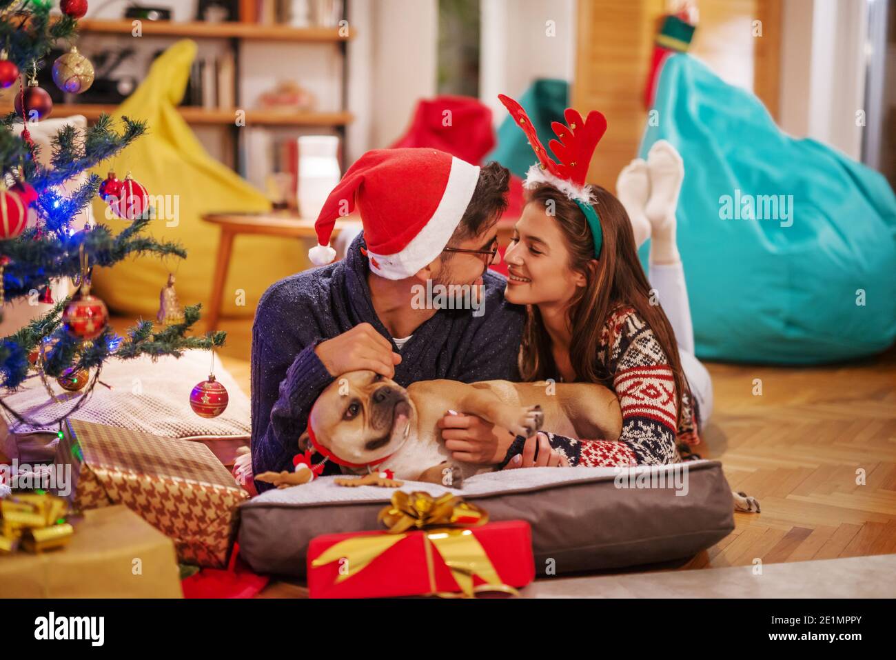 Young woman petting bulldog xmas hi-res stock photography and images ...