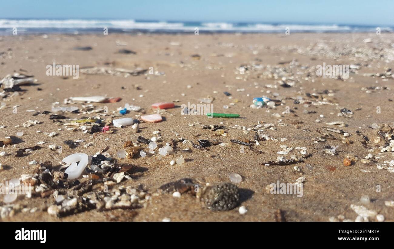 Plastic waste and micro plastic washed on the shore of the atlantic ...