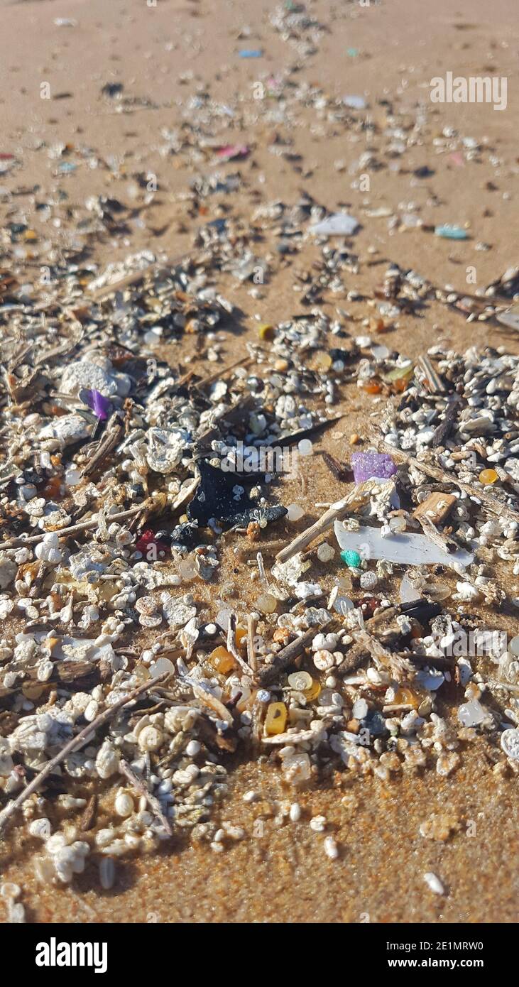 Plastic waste and micro plastic washed on the shore of the atlantic ...