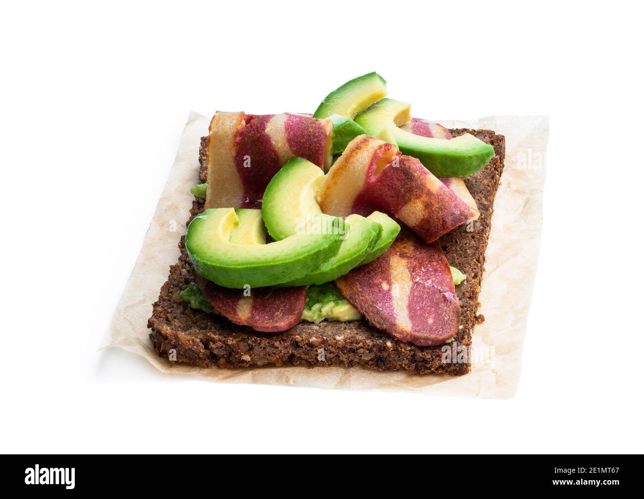 Sandwich with plant-based bacon rashers and avocado isolated on white ...