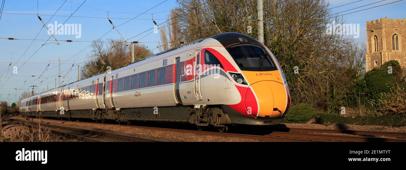 LNER, Azuma 800 class train passing Offord Cluny village, East Coast ...