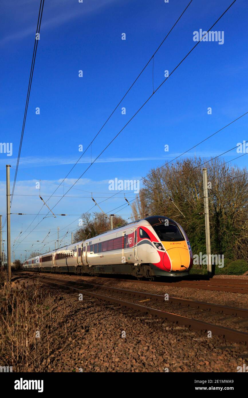 LNER, Azuma 800 class train passing Offord Cluny village, East Coast ...