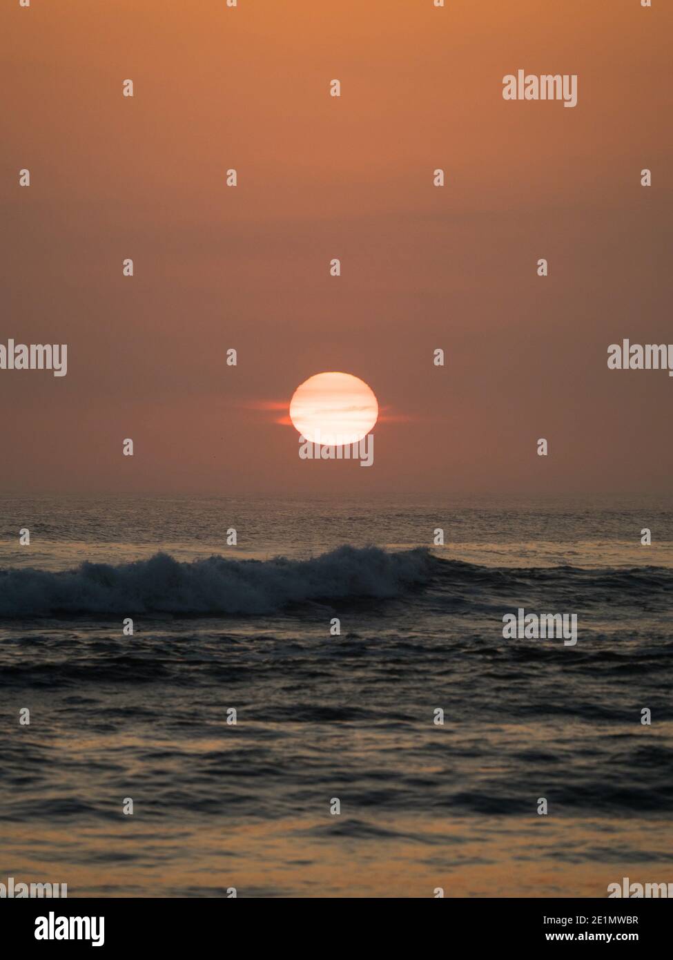 Panoramic sunset view of Huanchaco beach waves at pacific ocean sea ...