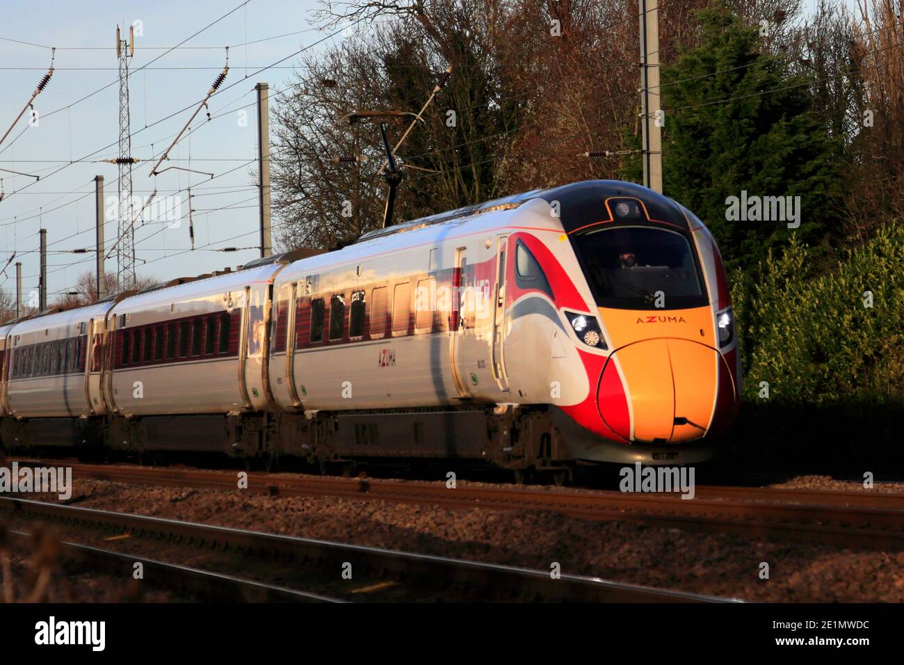 LNER, Azuma 800 class train passing Offord Cluny village, East Coast ...