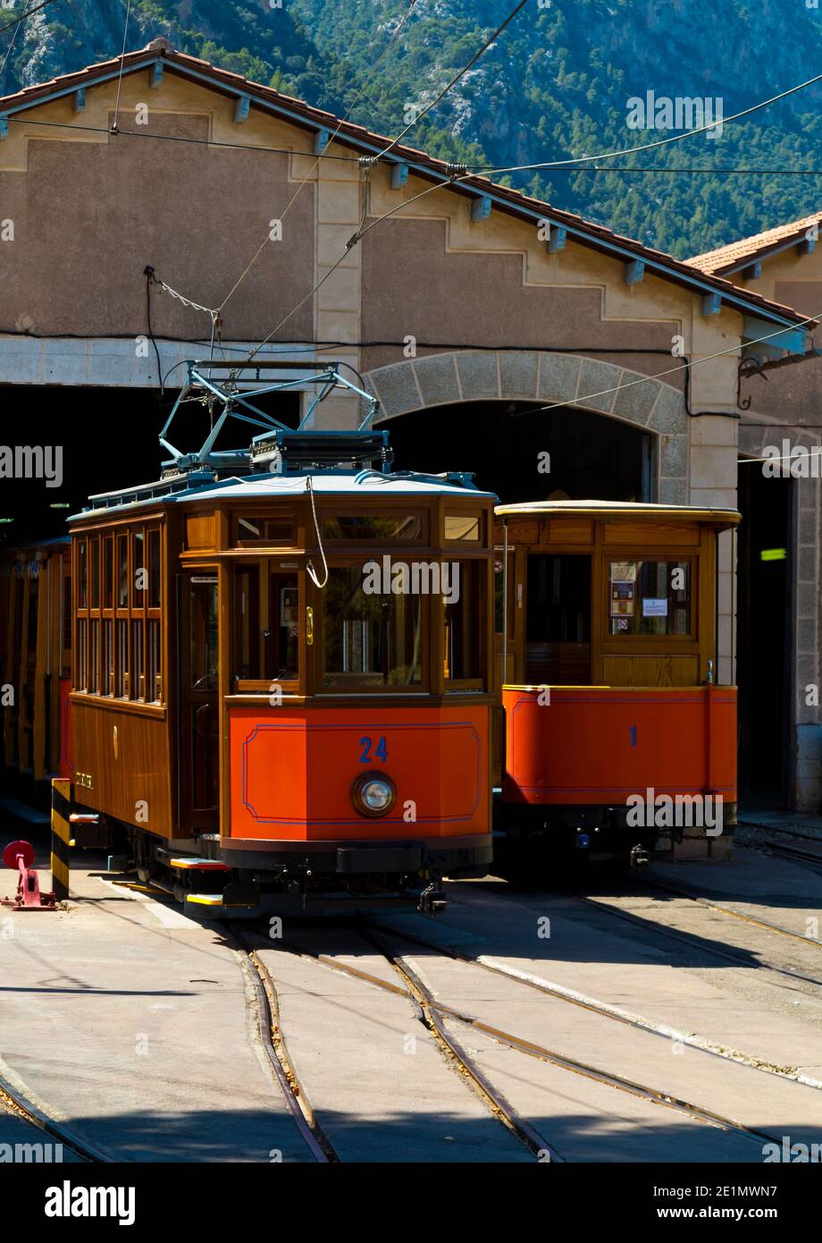 Tram sheds at Soller station on the Tranvia de Soller heritage tramway ...