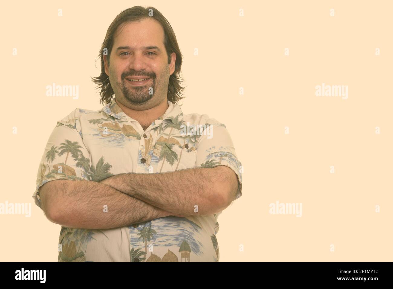 Happy fat bearded Caucasian man smiling with arms crossed ready for ...