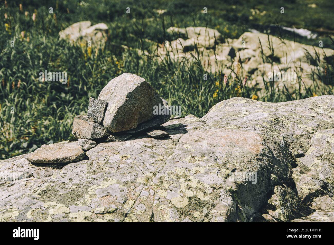 Pile of rocks, stones markers for orientation in area. Travel through ...