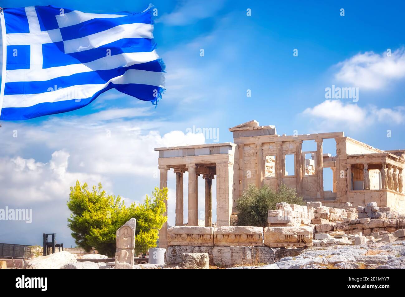 Symbols of Greece, Parthenon temple in Athens and the Greek flag Stock ...