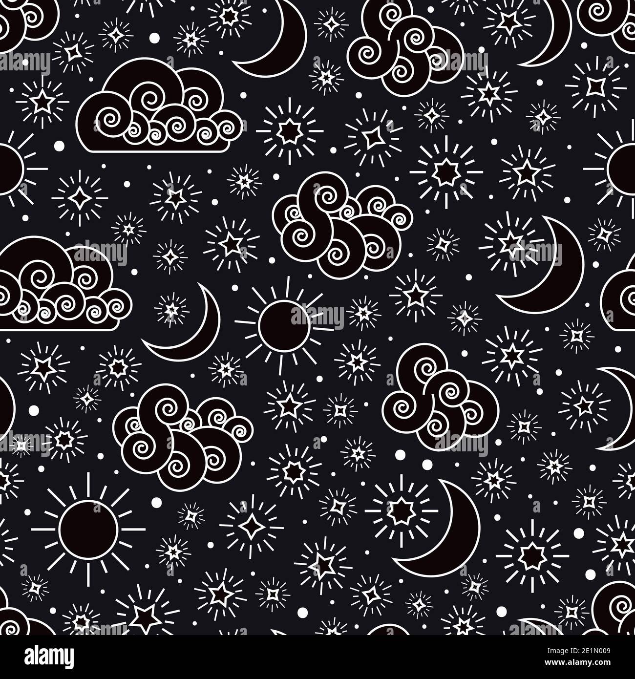 Night sky seamless linear pattern with stars clouds sun and moon Stock ...