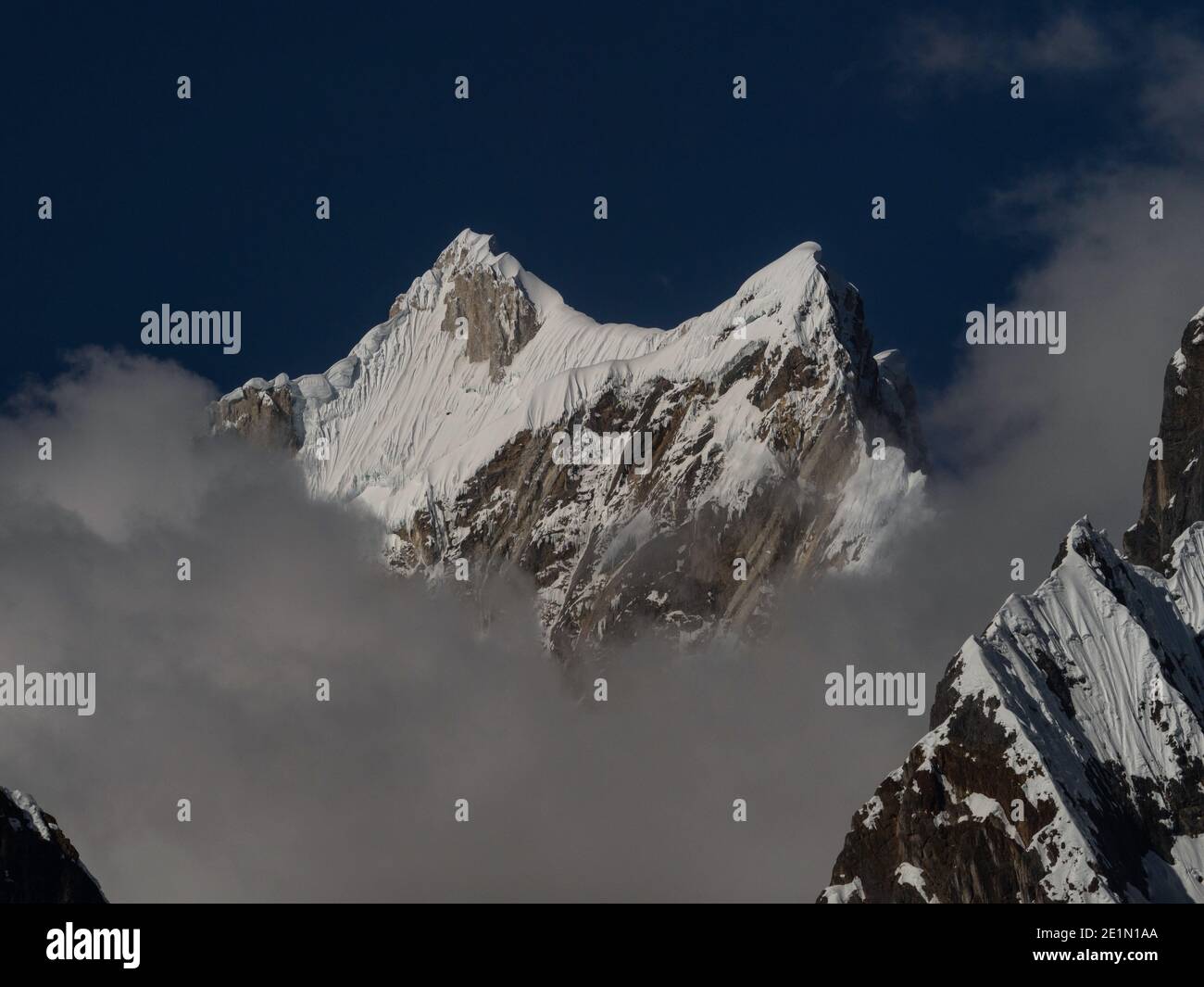 Summit peak panorama view on Cordillera Huayhuash Circuit snowcapped ...