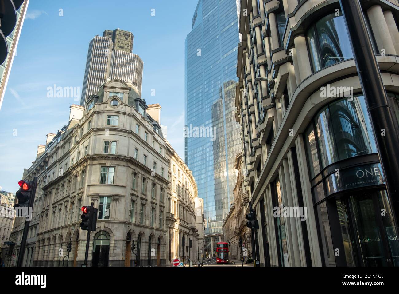 City of London global financial centre office towers from street level ...