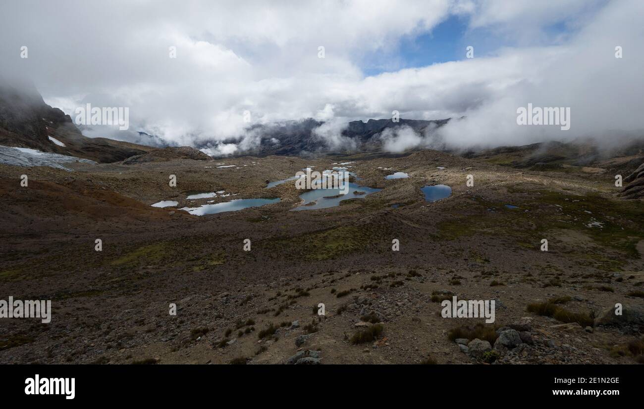 Panorama view of Cordillera Huayhuash Circuit andes alpine mountain ...