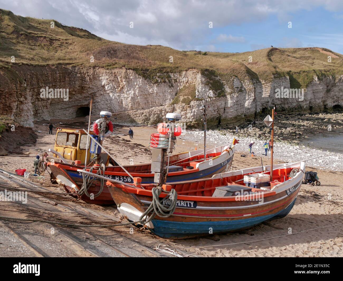 Traditional Yorkshire cobble fishing boats, North Landing, Flamborough ...