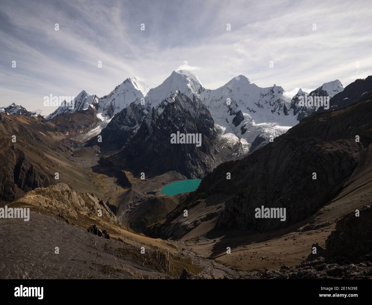 Panorama view of Cordillera Huayhuash Circuit snowcapped andes mountain ...