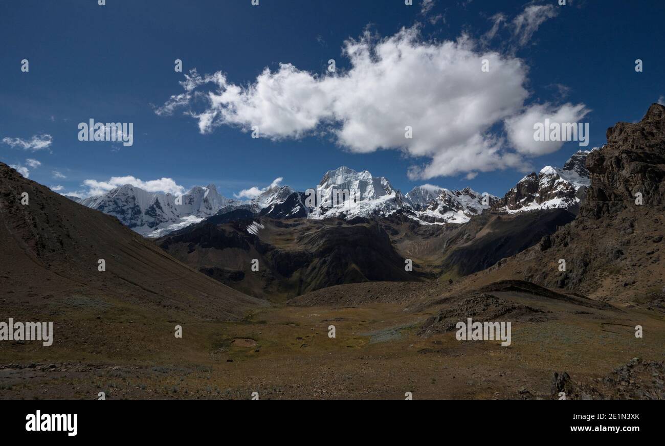Panorama view of Cordillera Huayhuash Circuit valley andes alpine ...