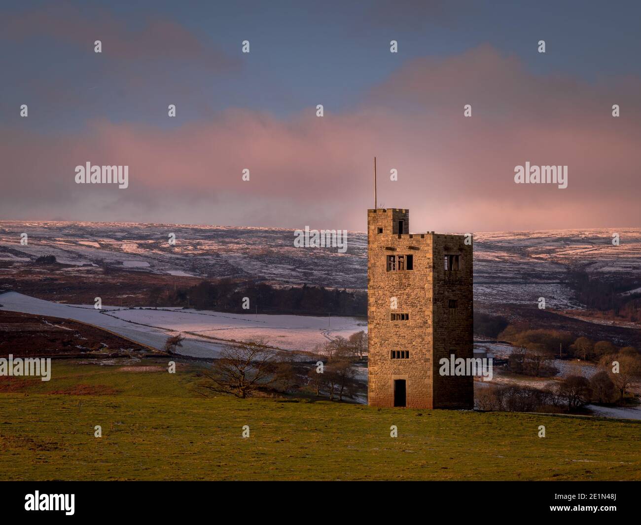 Strines Tower Peak District in Winter with moody sky Stock Photo - Alamy