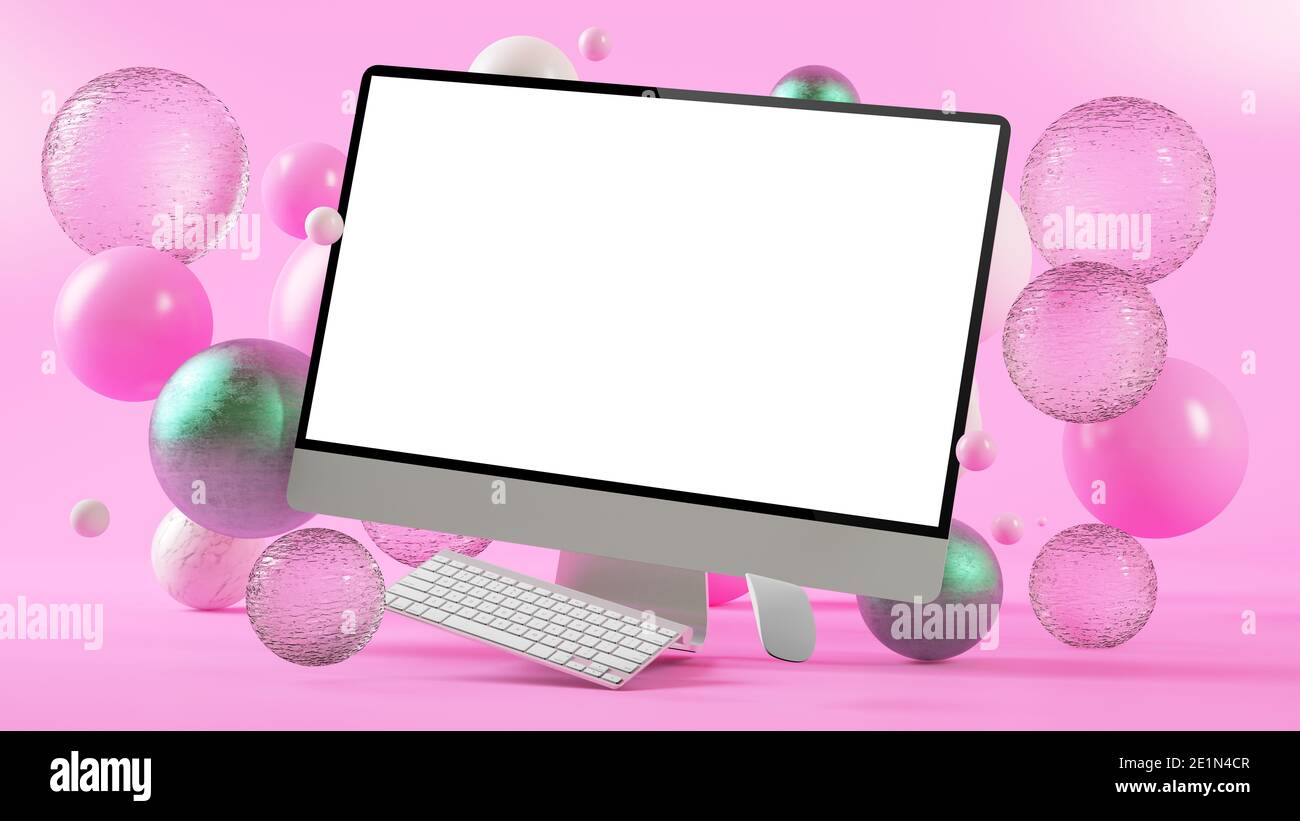 Website screen mock up with surrounding spheres 3d rendering Stock ...