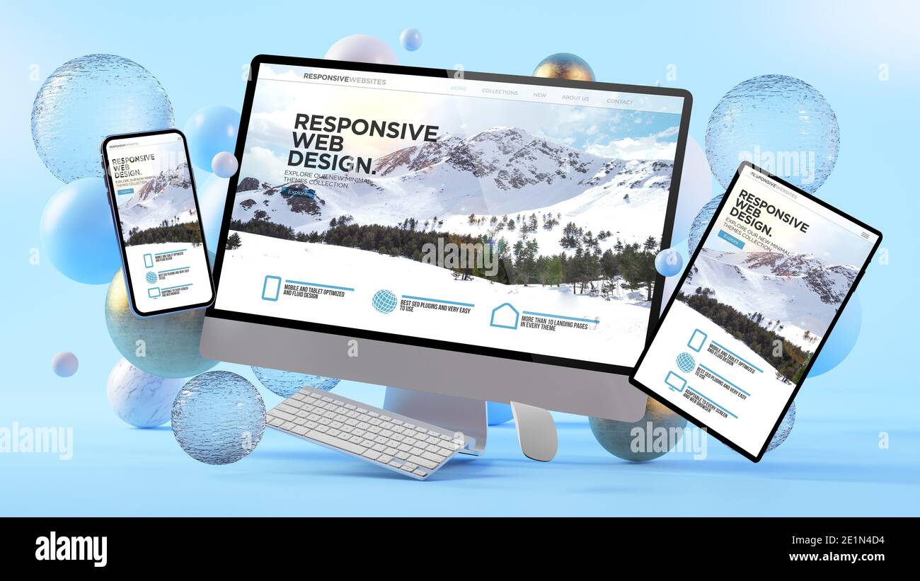 Responsive devices floating website mock up 3d rendering Stock Photo - Alamy