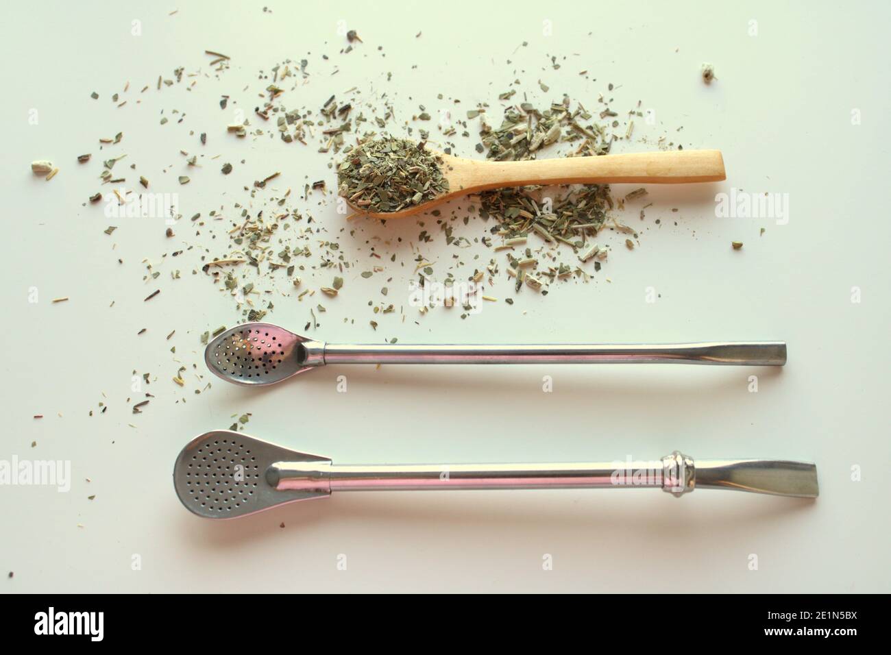 Bombilla and spoon on white backround. Yerba mate compositon Stock ...