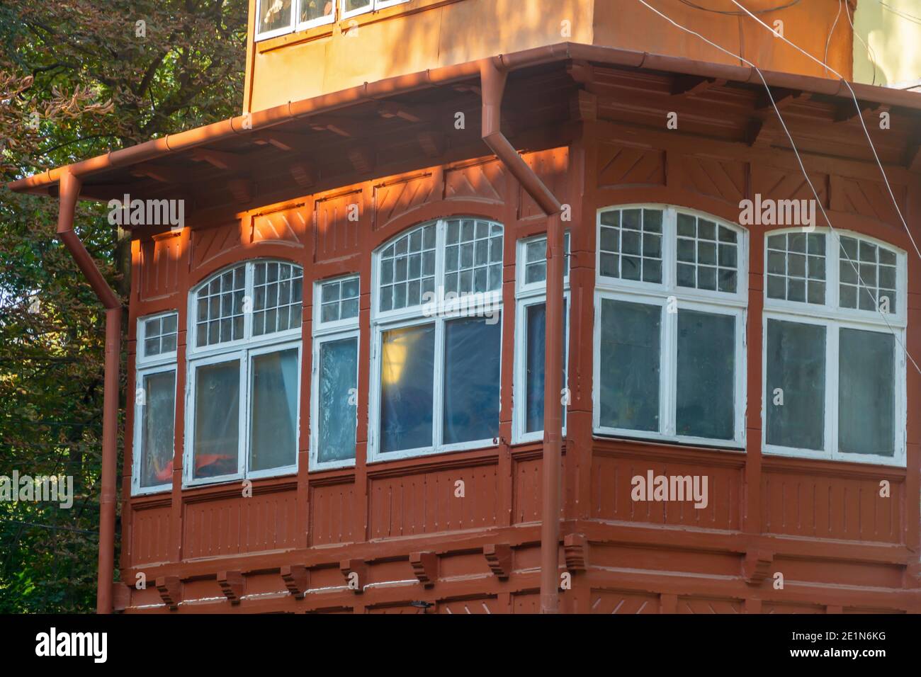 Old bay window balcony in wooden house. Selective focus, fog view Stock ...