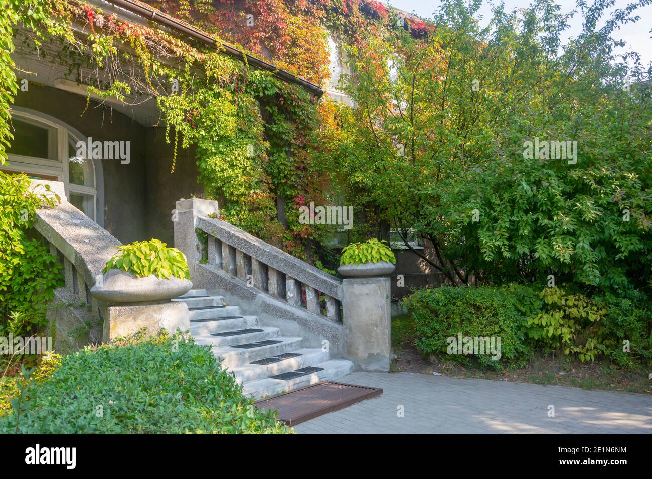 Old stone staircase with railings at the entrance to the old castle ...