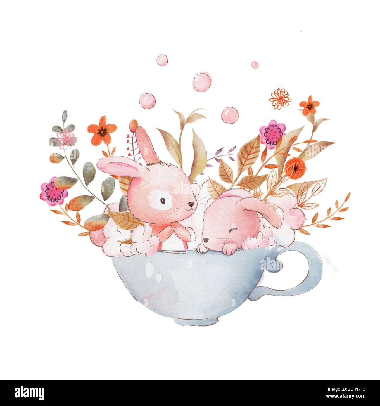 Card with two watercolor rabbits in a cup full of flowers. Romantic ...