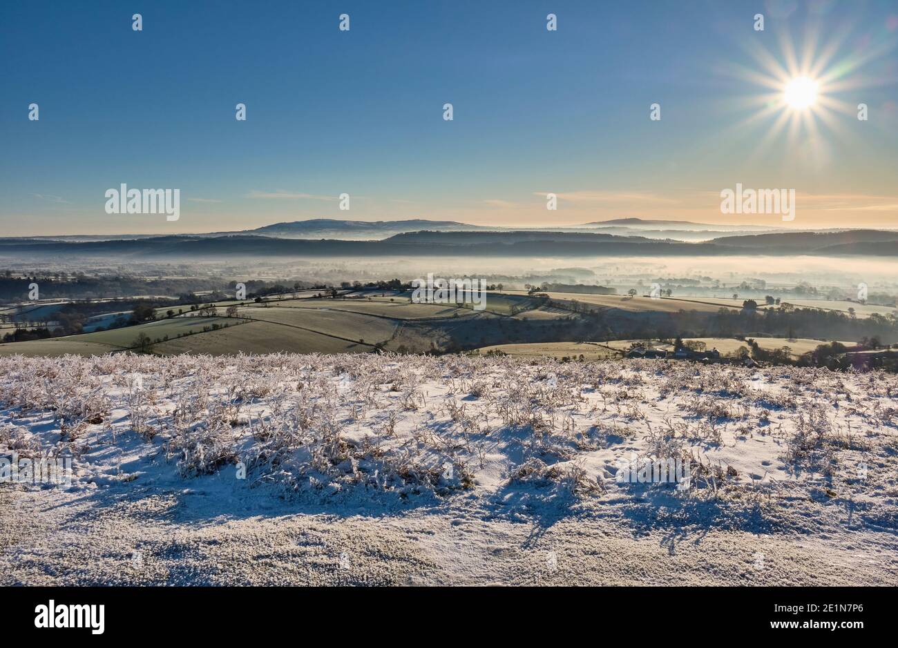 Sunshine over Brown Clee Hill, Titterstone Clee Hill, Wenlock Edge and ...
