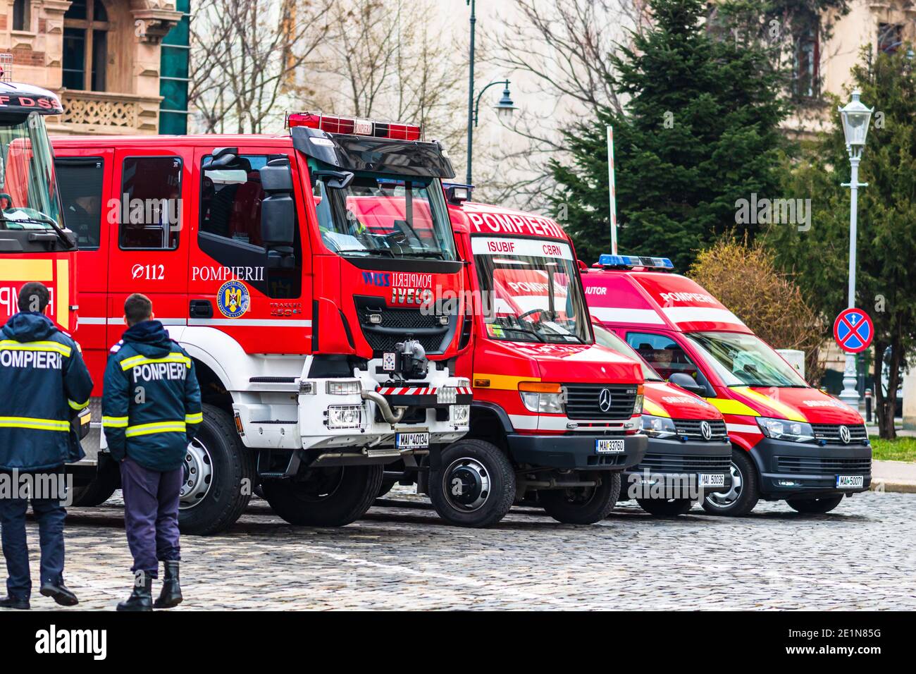 Romanian Firefighting emergency firemen (Pompierii) parked in front of ...