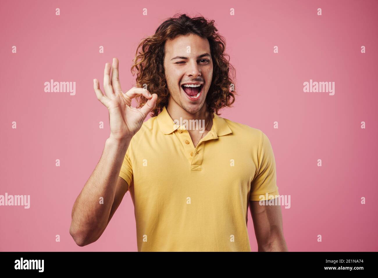 Happy handsome caucasian guy winking and showing ok sign isolated over ...