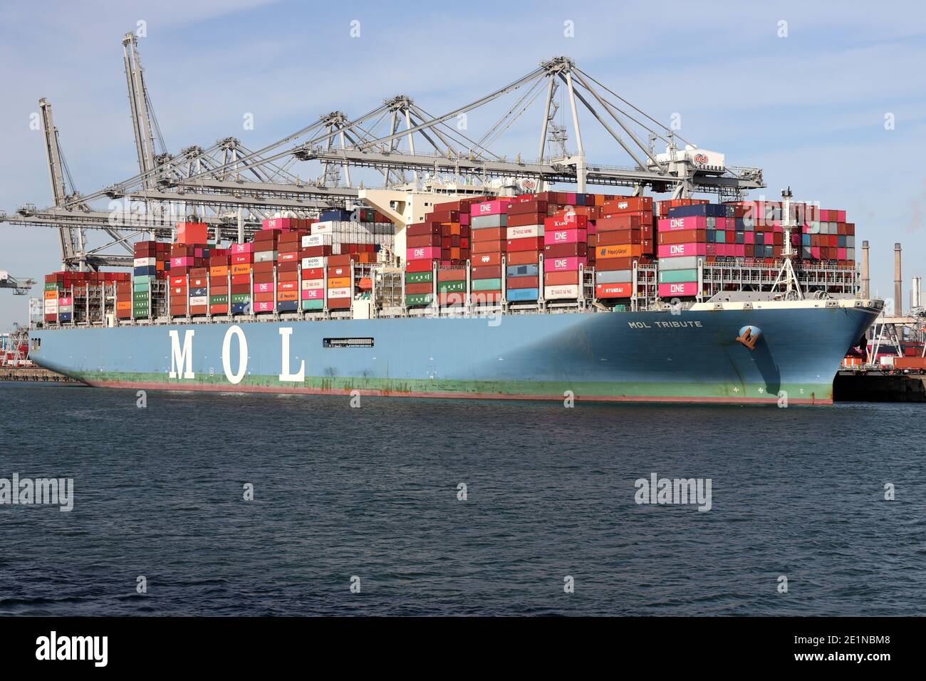The container ship MOL Tribute will be loaded in the port of Rotterdam ...
