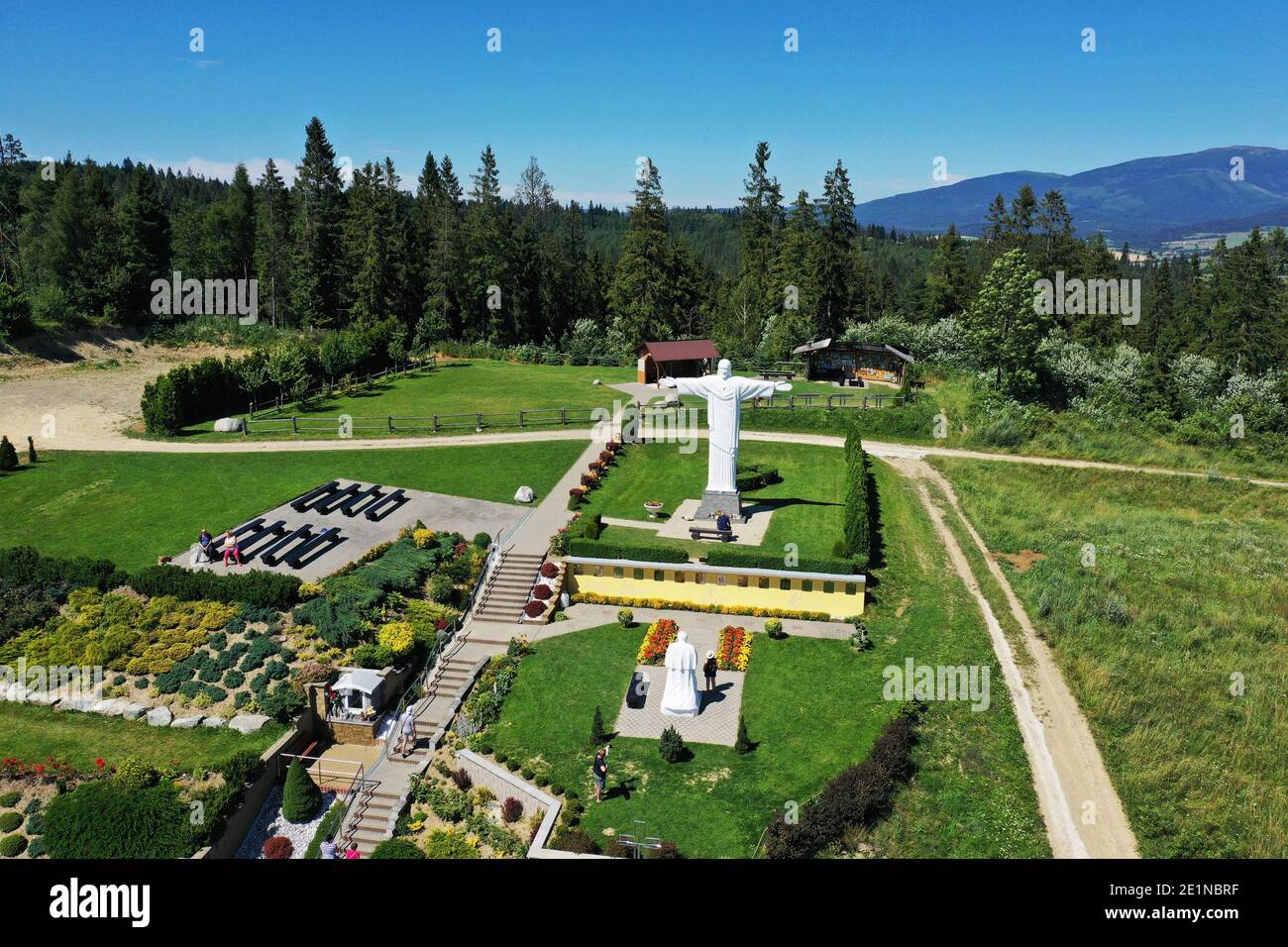 Aerial view of the statue of Jesus in the village of Klin Slovakia ...