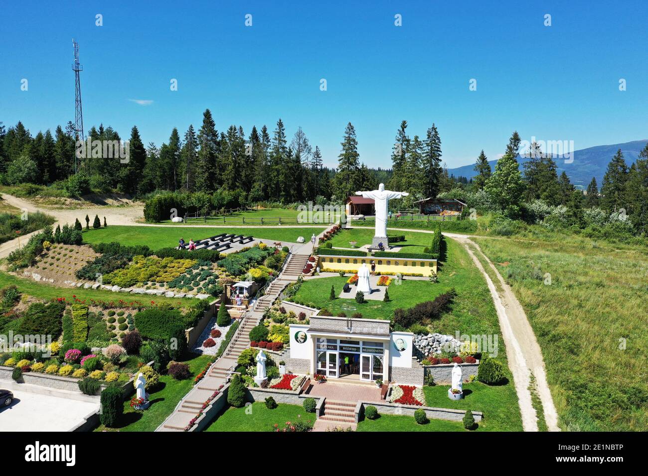 Aerial view of the statue of Jesus in the village of Klin Slovakia ...