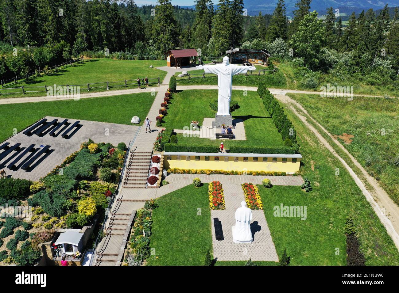 Aerial view of the statue of Jesus in the village of Klin Slovakia ...