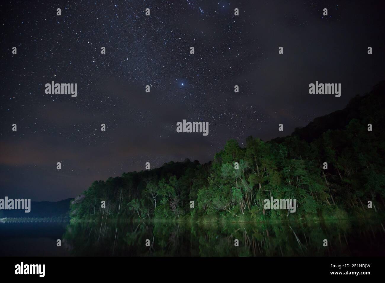 night landscape view milky way and star reflection on water in dam ...