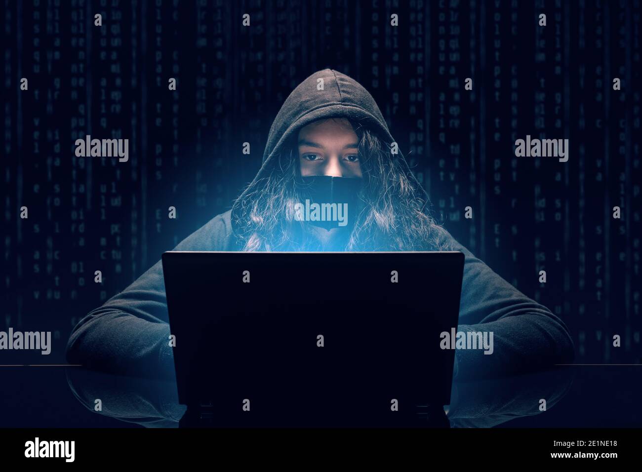Hacking and malware concept. Hacker using laptop with binary code digital interface Stock Photo ...
